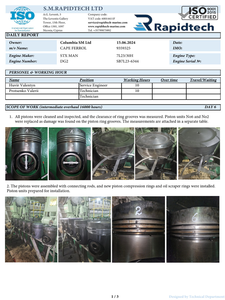 MV Cape Ferrol DG2 Overhaul Daily Work Report 15.06.2024 Updated | PDF ...
