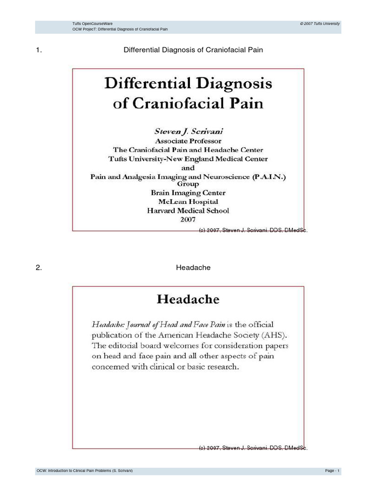Differential Diagnosis of Craniofacial Pain | PDF | Headache | Medical ...