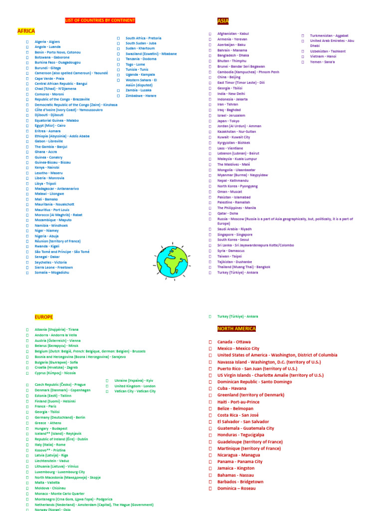 List of Countries by Continent | PDF | International Relations