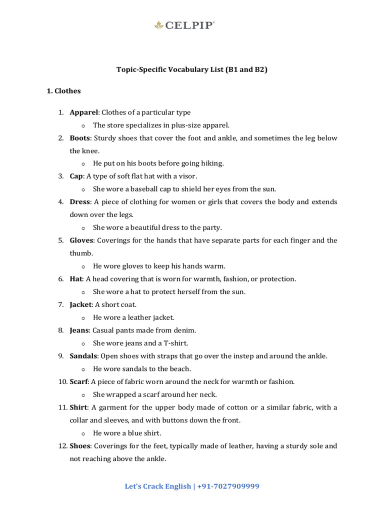 Topic-Specific Vocabulary List (B1 and B2) | PDF | Meal | Clothing