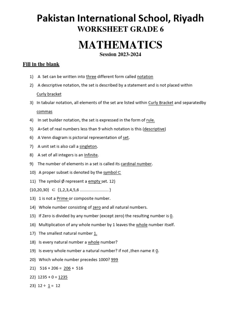 Grade 6 Math Worksheet 2023-24 | PDF | Set (Mathematics) | Numbers