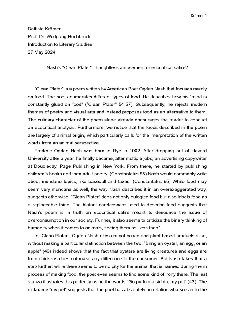 Battista Krämer - Clean Plater - Ecocritical Satire May 2024 | PDF ...