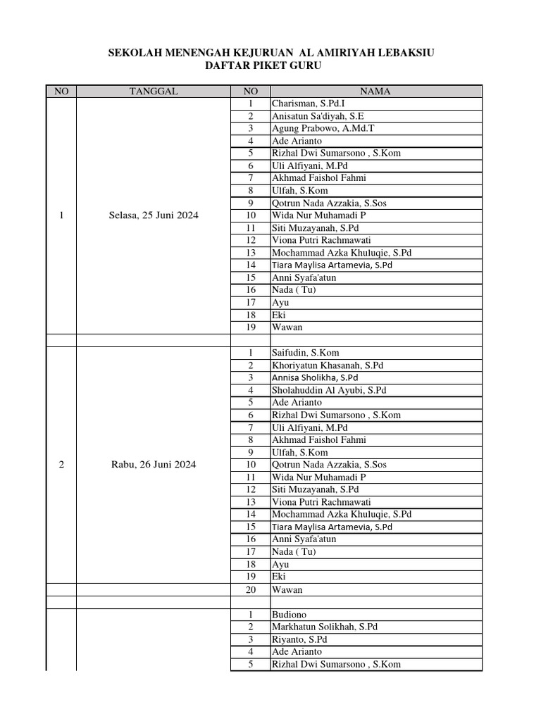 Jadwal Piket Libur Semester Genap 2024 | PDF
