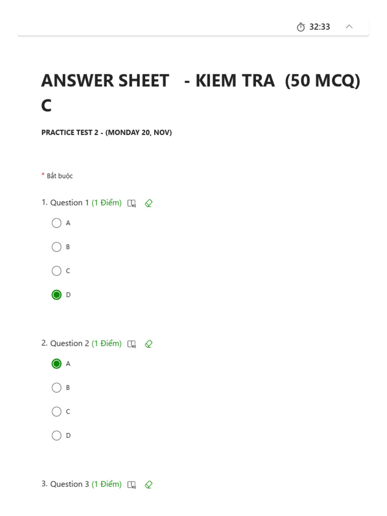 ANSWER SHEET - KIEM TRA (50 MCQ) C | PDF ANSWER SHEET - KIEM TRA (50 MCQ) C | PDF