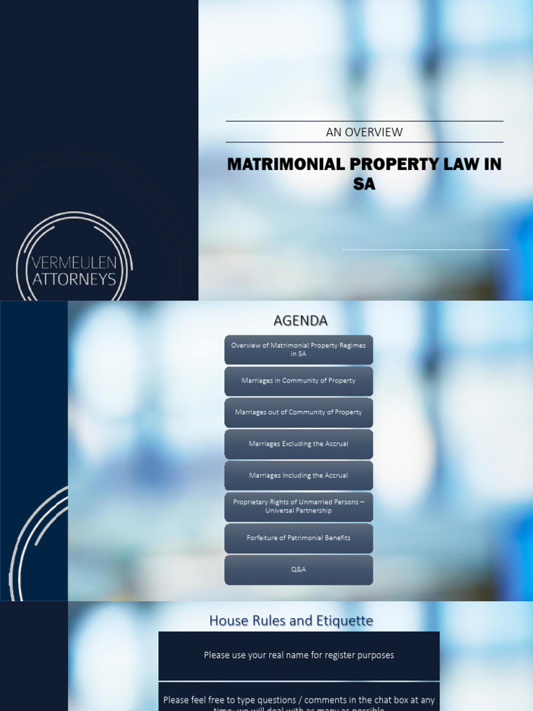 Matrimonial Property Law in SA Slides | PDF | Divorce | Community Property