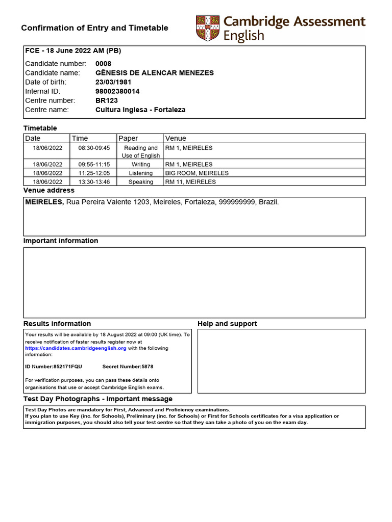 Cambridge FCE timetable | PDF