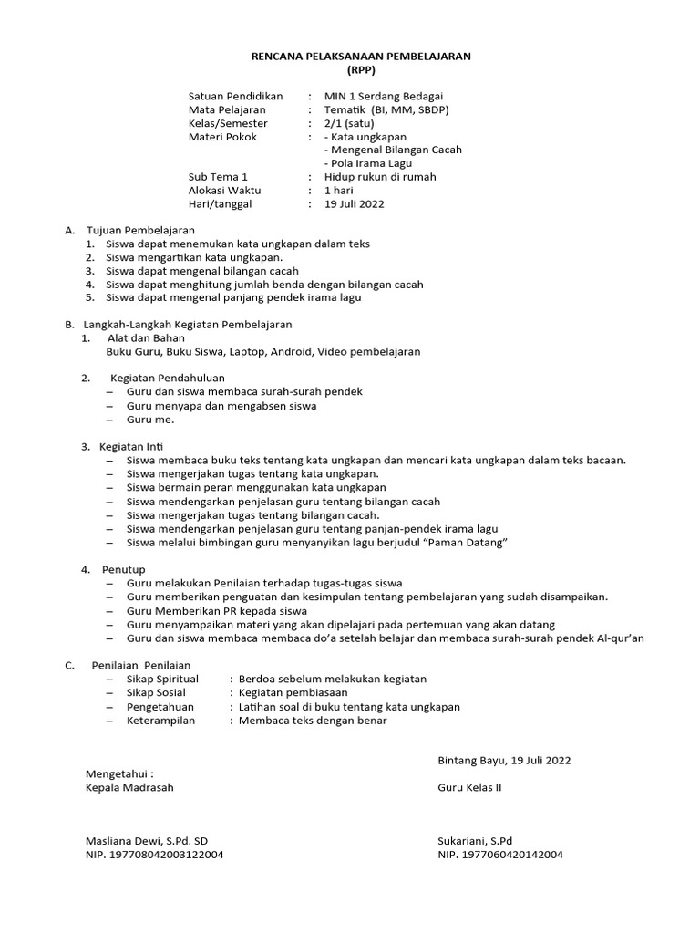 RPP Kelas 2 Tema 1 Hidup Rukun | PDF