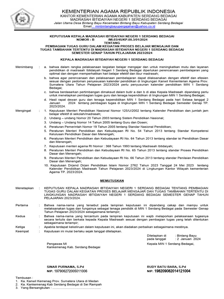 SK Pembagian Tugas GENAP 2023-2024 | PDF
