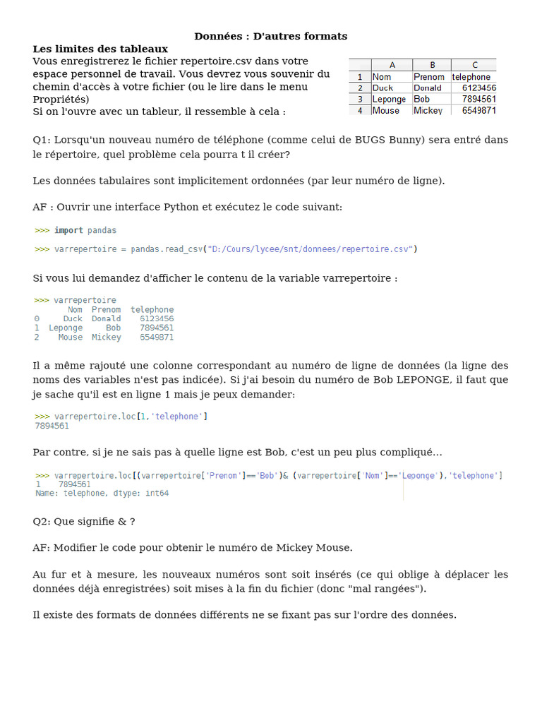 Formats de données : CSV, Dictionnaires, JSON | PDF | Python (Langage ...