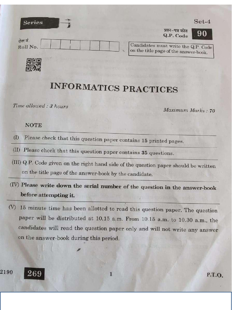 CBSE Class 12 Informatics Practices Question Paper 2024 | PDF