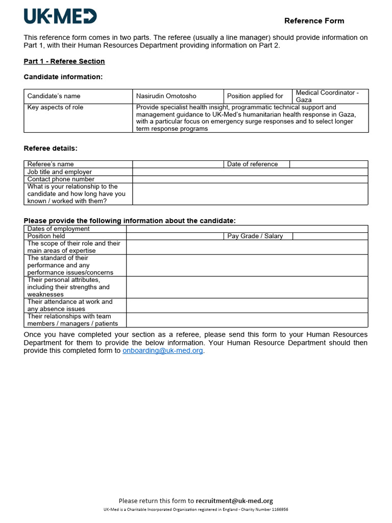 UK-Med Reference Request Form - MDS - Medical Coordinator - Gaza | PDF ...