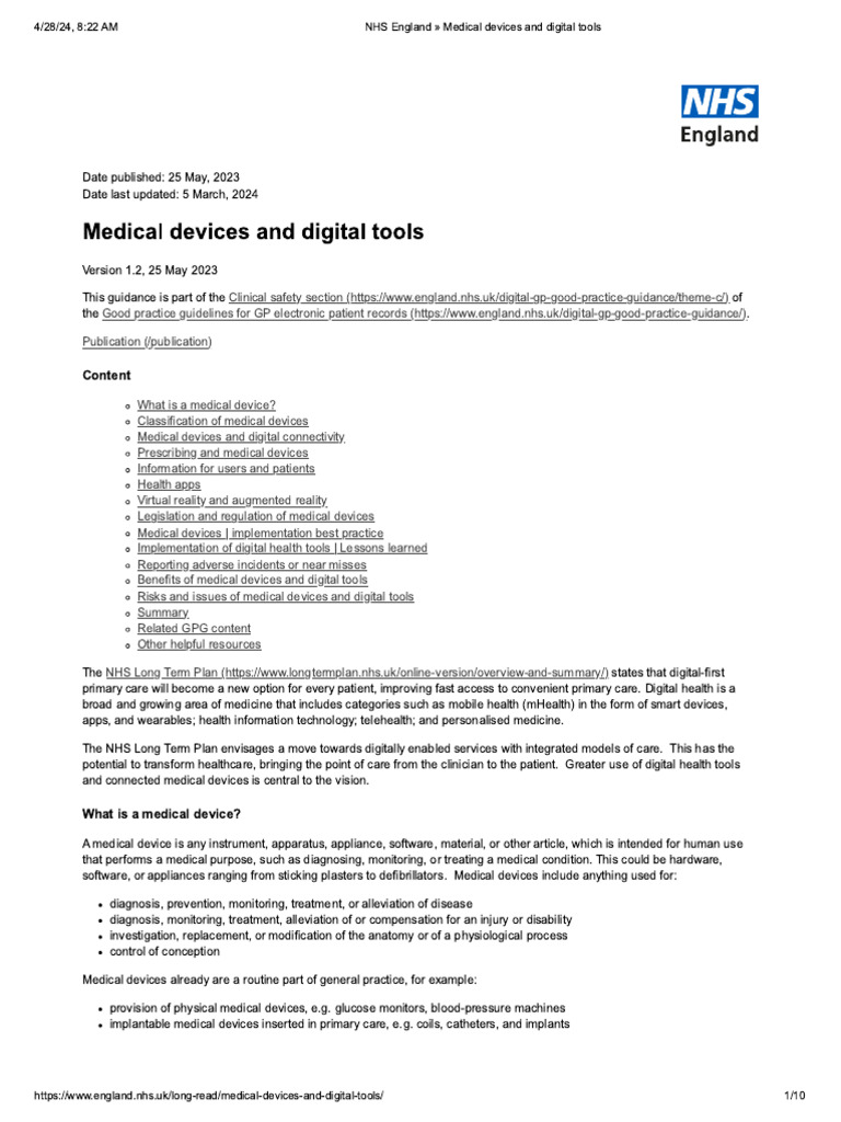 NHS England Medical Devices and Digital Tools | PDF