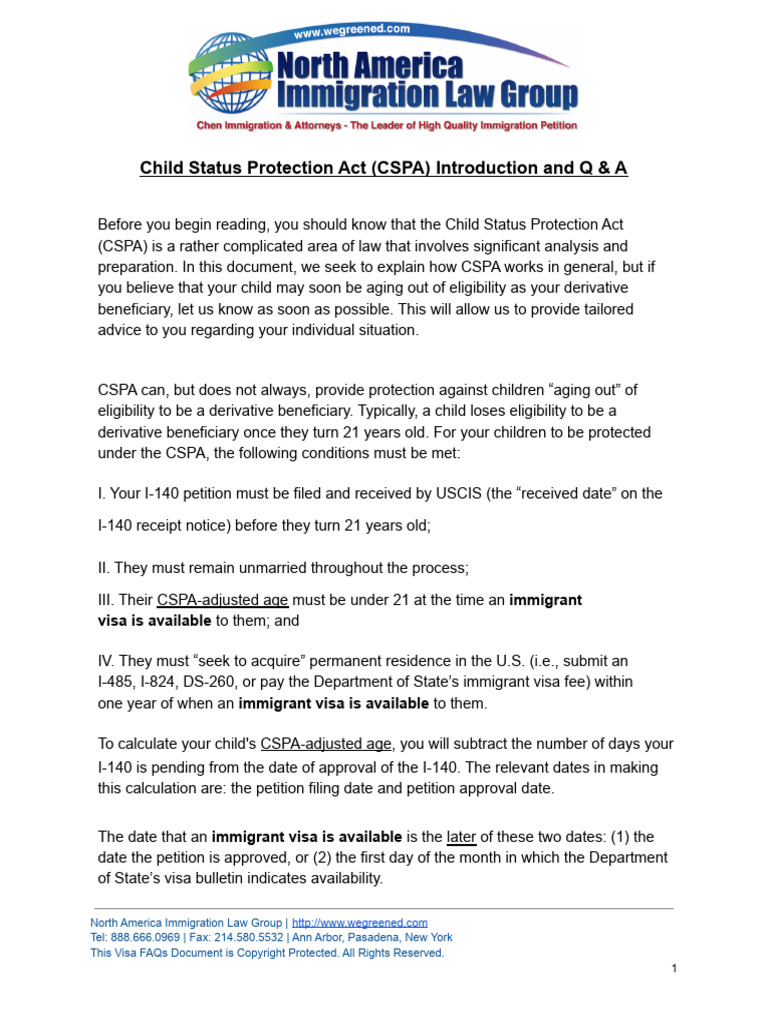 Child Status Protection Act (CSPA) Introduction and Q - A | PDF | Immigration | Immigration To ...