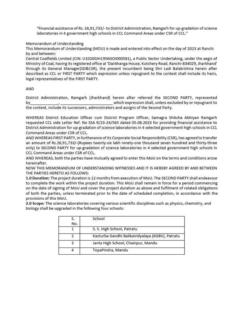 Draft MoU - Science Laboratory | PDF | Indemnity | Private Law