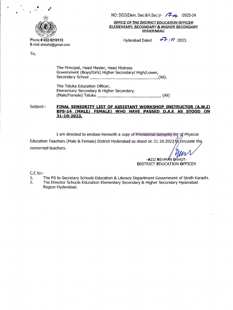 90883 Letter for Circulation of Final Seniority Lists of Teaching and Non Teaching Staff of ...
