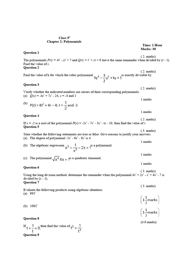 Ch2 Polynomials Test Pdf Polynomial Factorization 8920