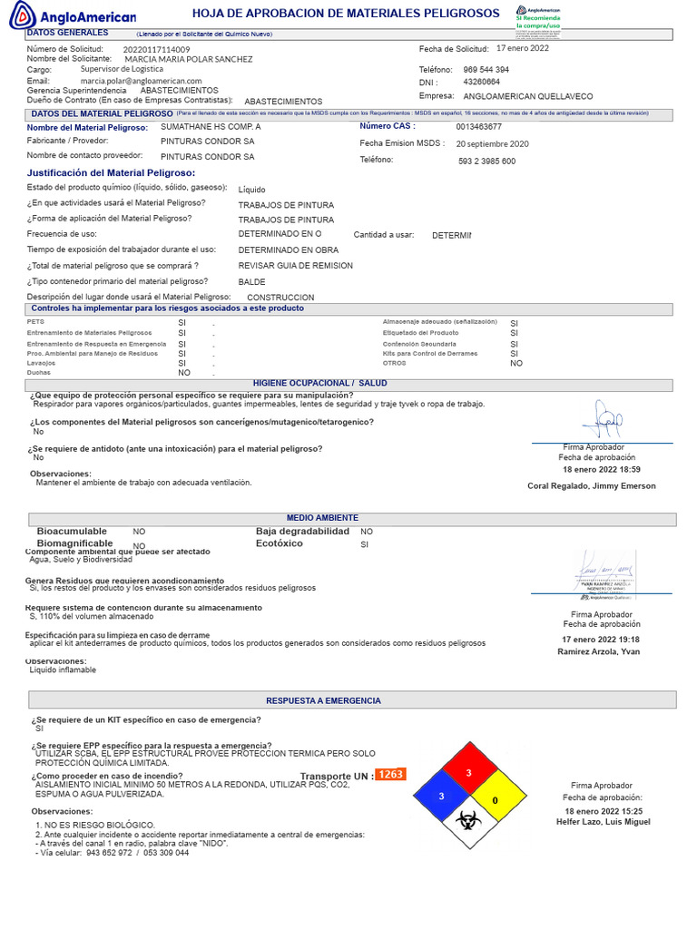 2020-09-20 Msds_sumathane Hs Parte a (Hoja de Aprobacion) | PDF | Agua