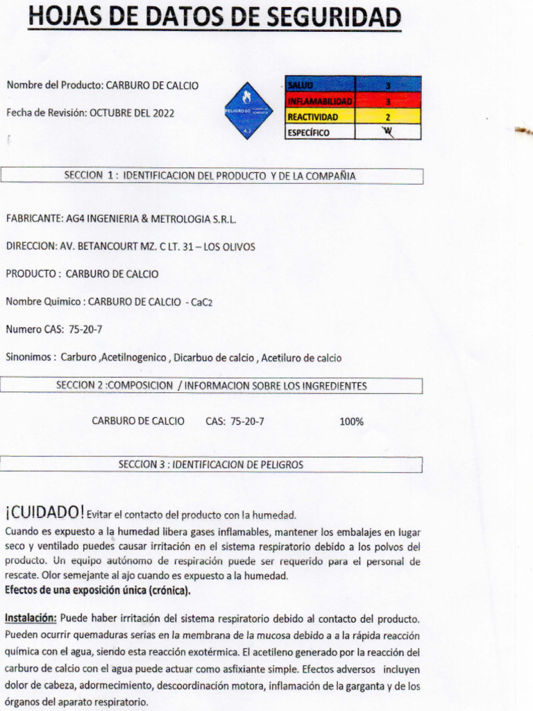 2022-01-10 Carburo de Calcio (Hoja Msds) | PDF