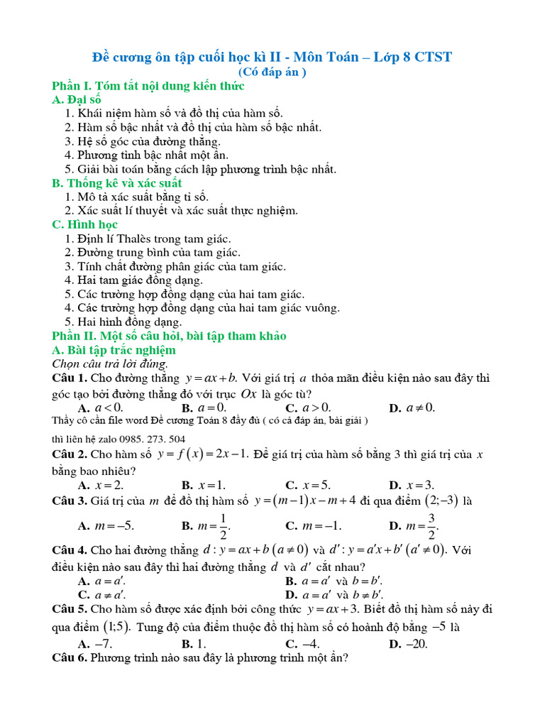 De Cuong On Tap Ki 2 Toan 8 CTST Co Dan | PDF