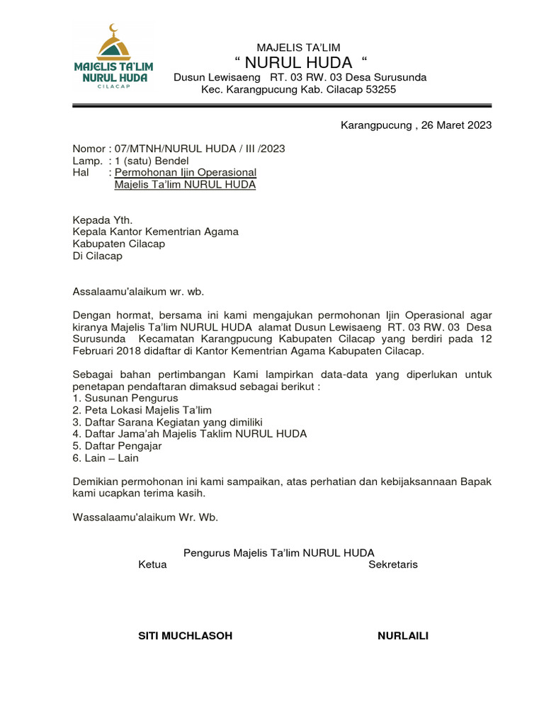Pengajuan Ijin Operasional Majlis Ta'Lim Nurul Huda | PDF | Agama & Spiritualitas | Gaya Hidup