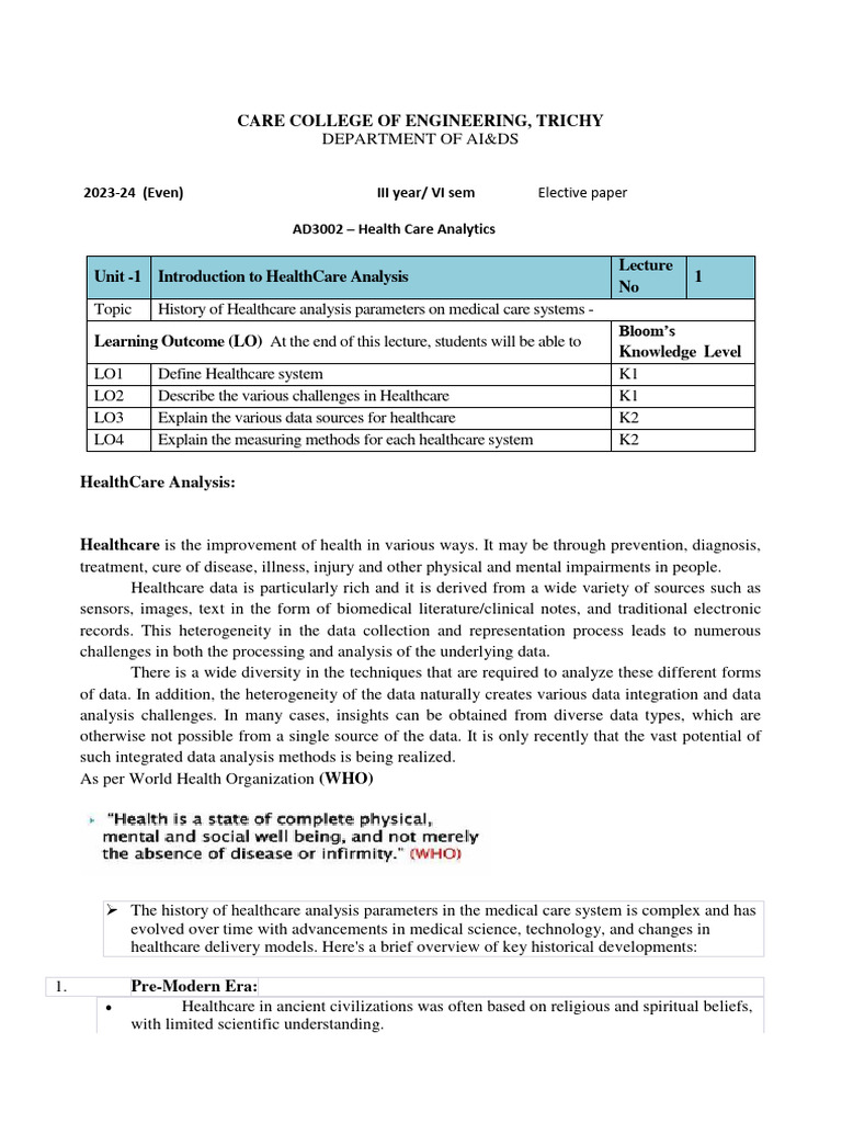 AD3002 Healthcare 5 Lect Notes | PDF | Health Care | Electronic Health ...