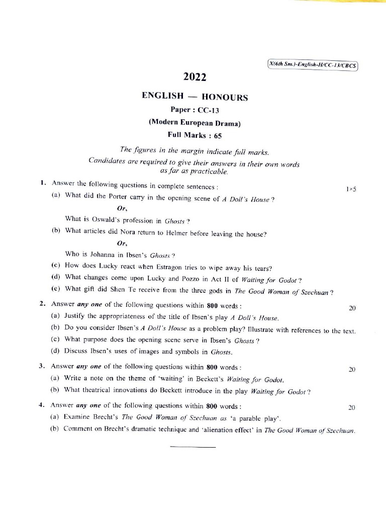 CU-2022 B.A. (Honours) English Semester-6 Paper-CC-13 QP | PDF | A Doll's House | Plays