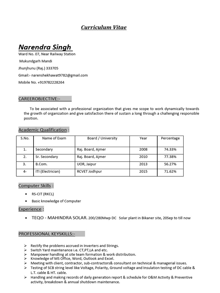 NARENDRA SINGH2 Resume | PDF | Power Inverter | Manufactured Goods