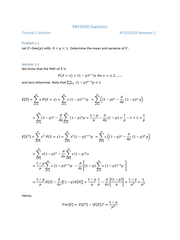 MH3500 Statistics Tutorial Solutions | PDF | Probability Density ...