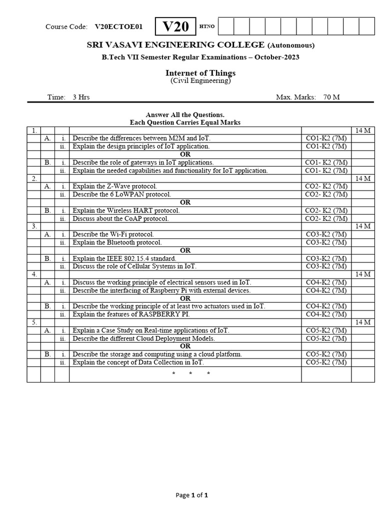 B.Tech VII Semester IOT (V20ECTOE01) Model QP V20 - 1-CE | PDF | Internet Of Things | Electronics