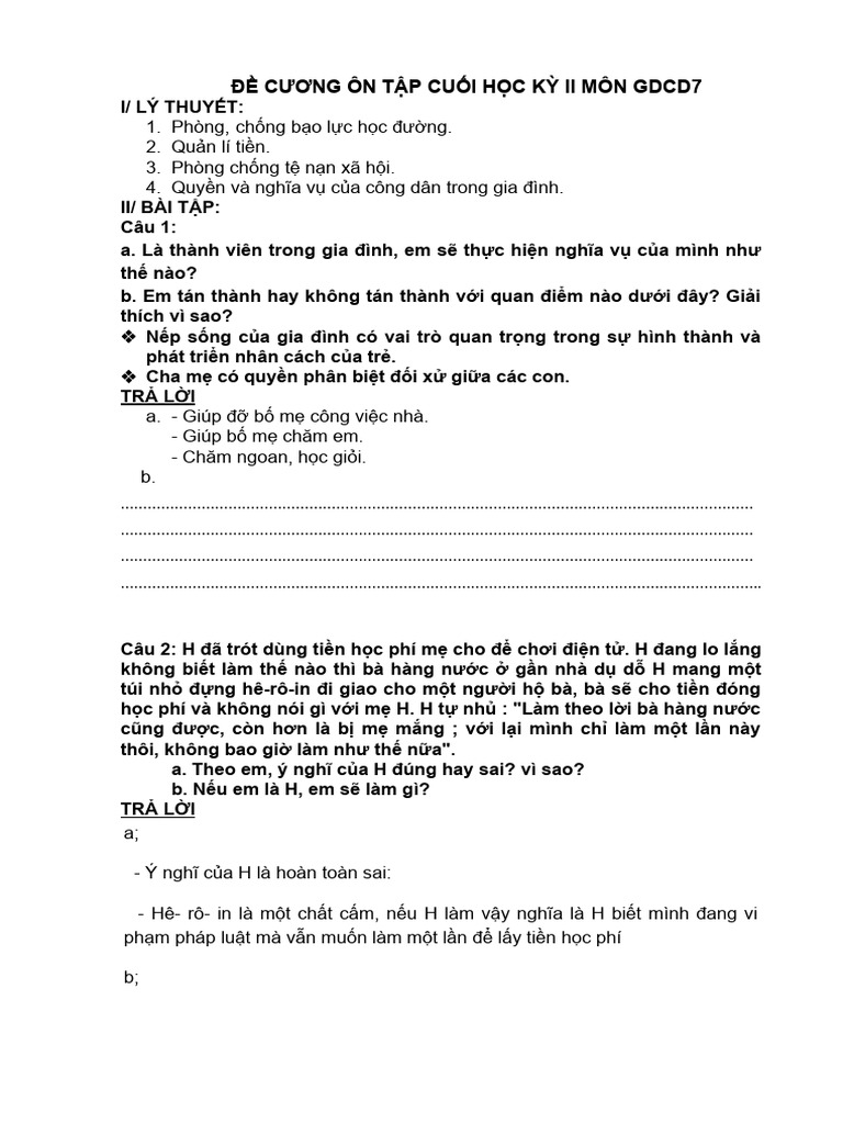 ĐỀ CƯƠNG ÔN TẬP KIỂM TRA CUỐI HỌC KỲ 2 NĂM HỌC 2023-2024 - MÔN GDCD 7 | PDF
