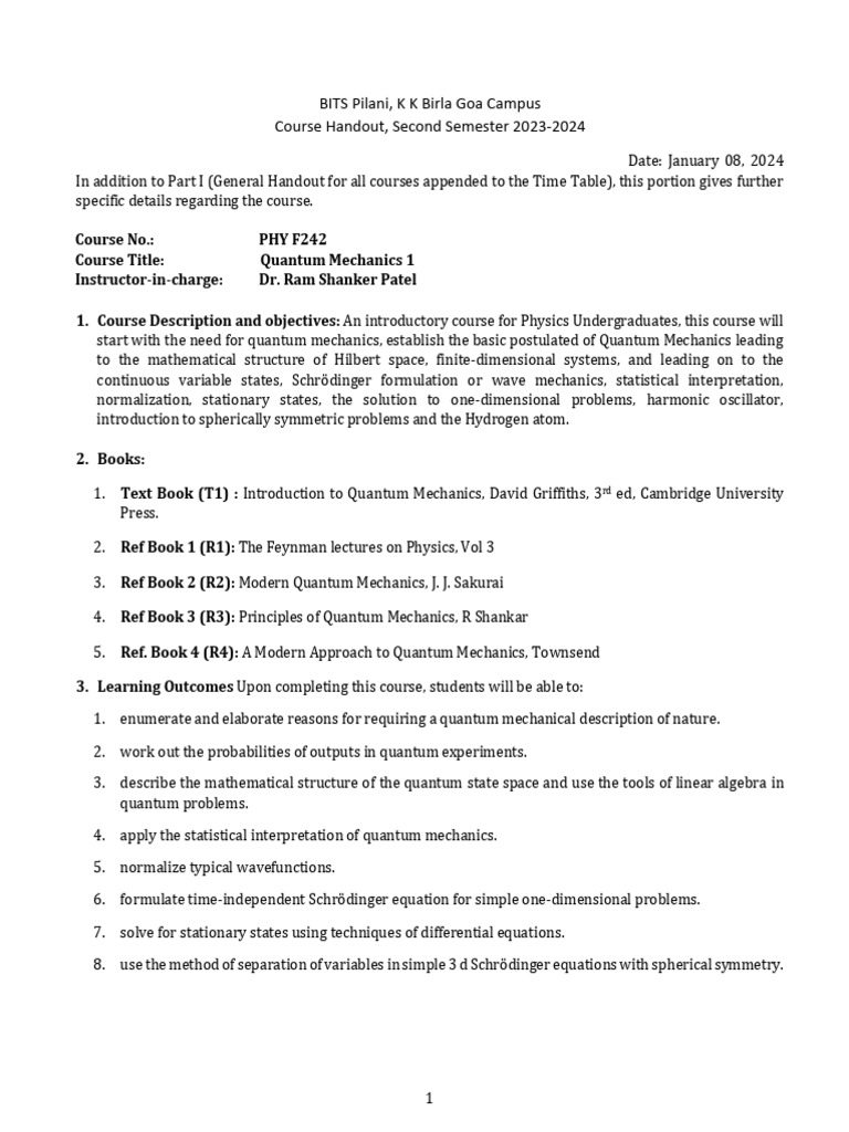 Handout QM1 2024 | PDF | Schrödinger Equation | Quantum Mechanics