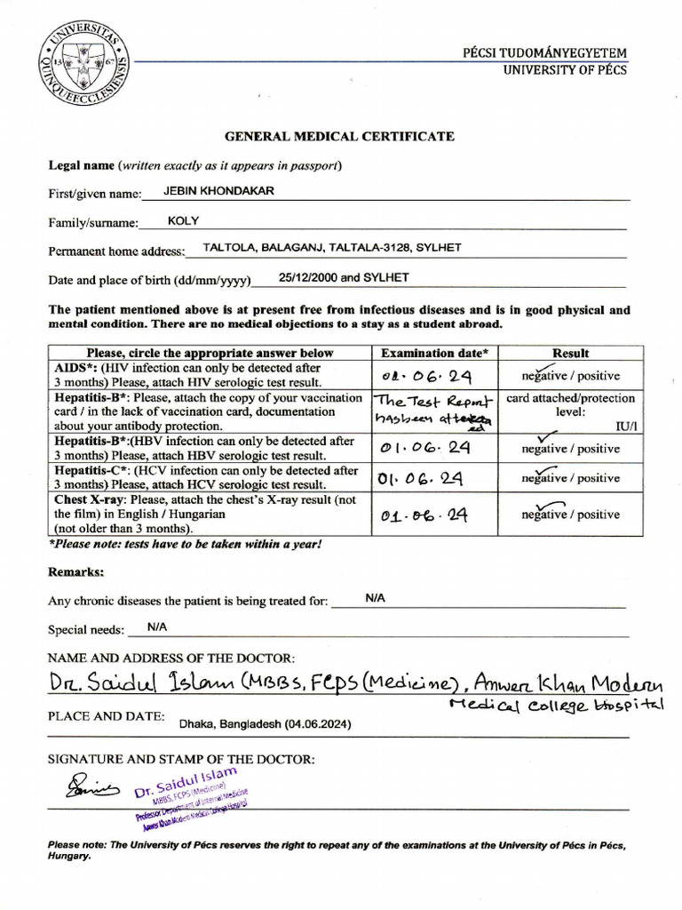Medical Certificate - Koly | PDF