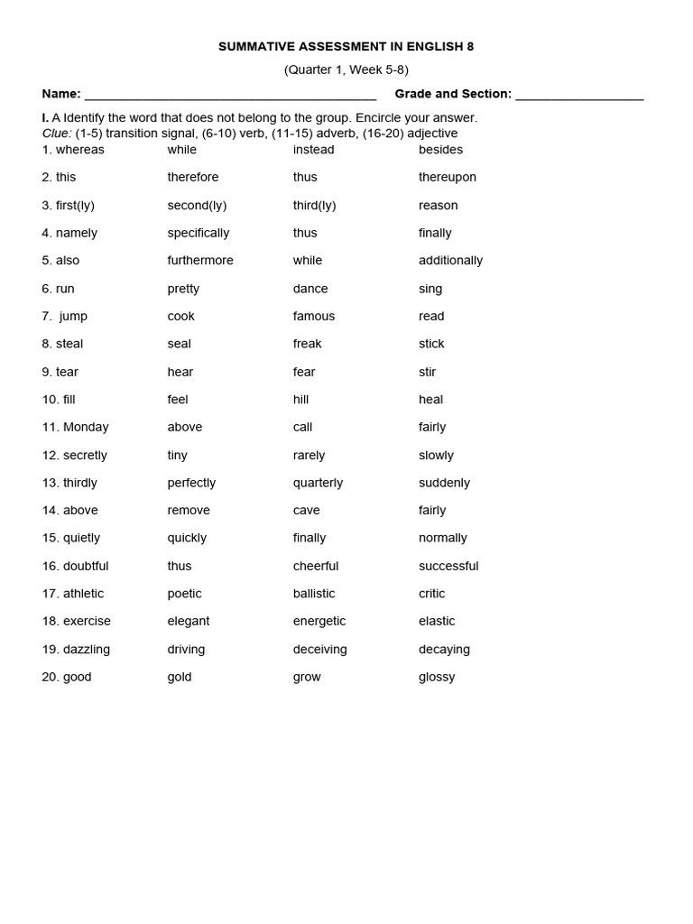 English 8 Assessment: Word Groups | PDF