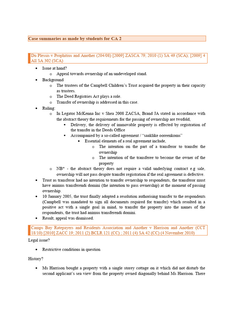 Case Summaries As Made by Students For CA 2 | PDF | Estoppel | Property