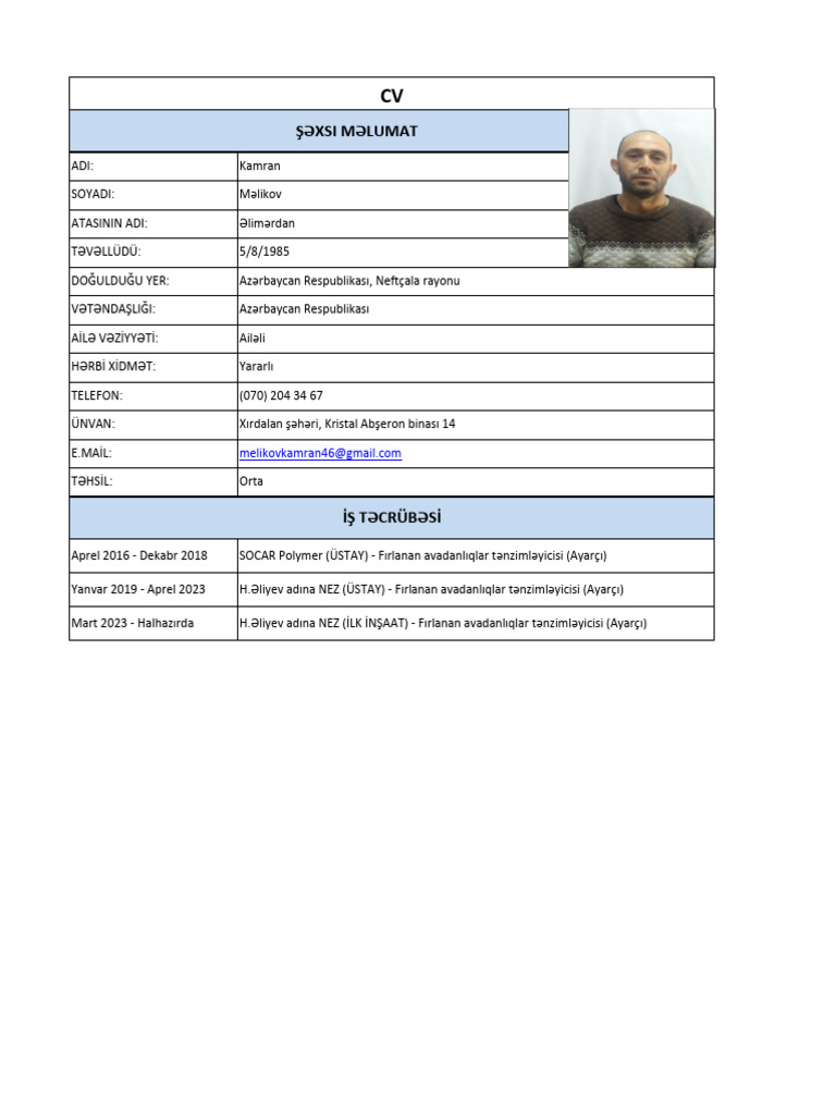 Kamran Məlikov CV | PDF