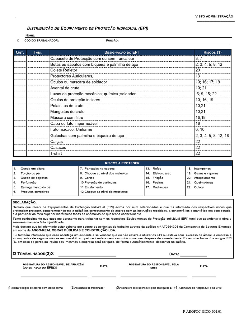 -SHST-AROPCC-00-FICHA DISTRIBUIÇÃO EPI REV1 | PDF