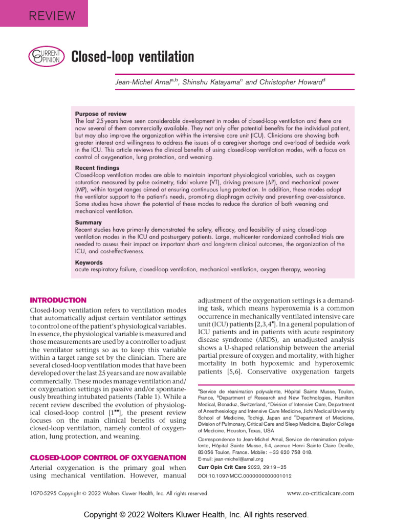 Closed-Loop Ventilation | PDF | Intensive Care Medicine | Intensive Care Unit