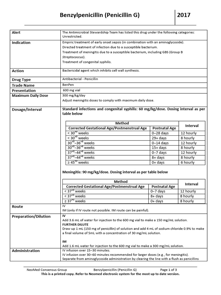 Benzylpenicillin Neomed v1.2 | PDF | Penicillin | Dose (Biochemistry)