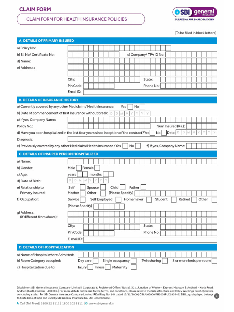 SBI General Insurance Claim Form | PDF