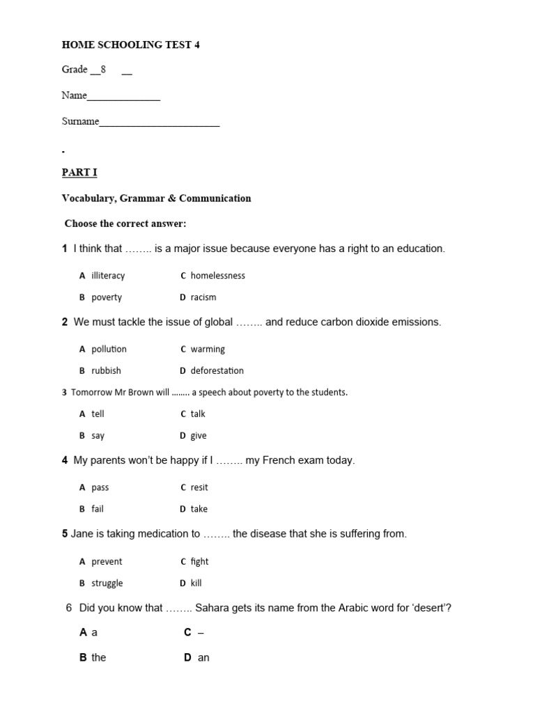 Grade 8 HOME SCHOOLING TEST 4 | PDF
