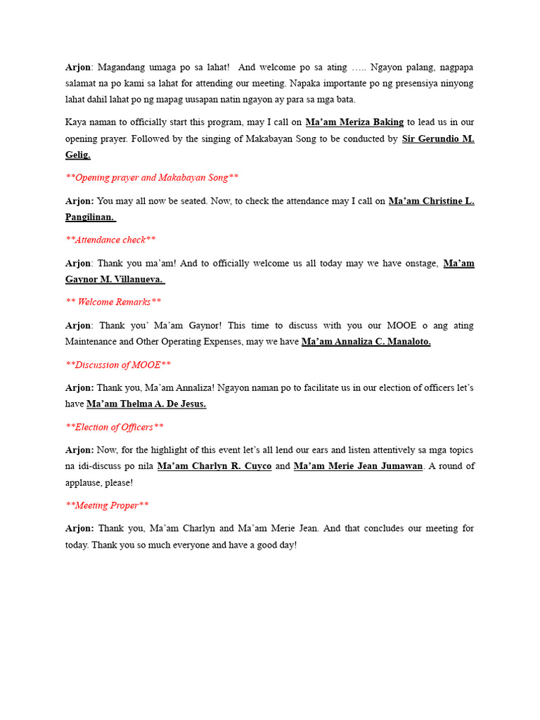 Script-Emcee-Parents Orientation | PDF