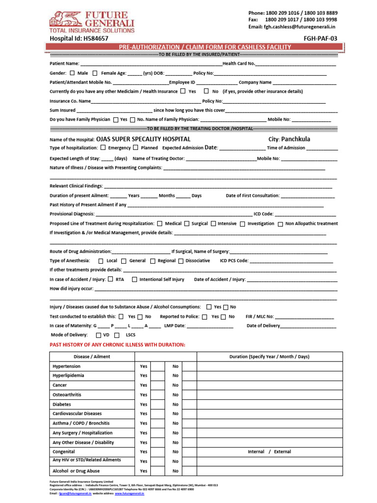 Cashless Claim Form for Future Generali | PDF | Hospital | Insurance
