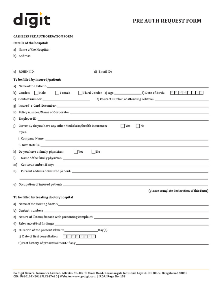 GO DIGIT GENERAL INSURANCE Pre Auth Form | PDF | Hospital | Insurance