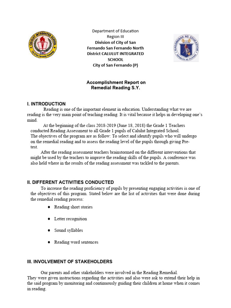 Remedial Reading Accomplishment Report PR | PDF | Teachers | Education ...
