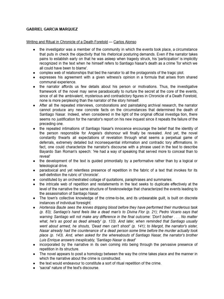 Chronicle of A Death Foretold - Notes | PDF | Gabriel García Márquez