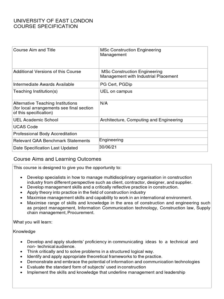 Course Specification MSC Construction Engineering Management | PDF ...
