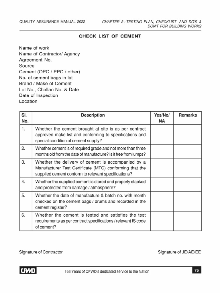 Checklist for Cement | PDF