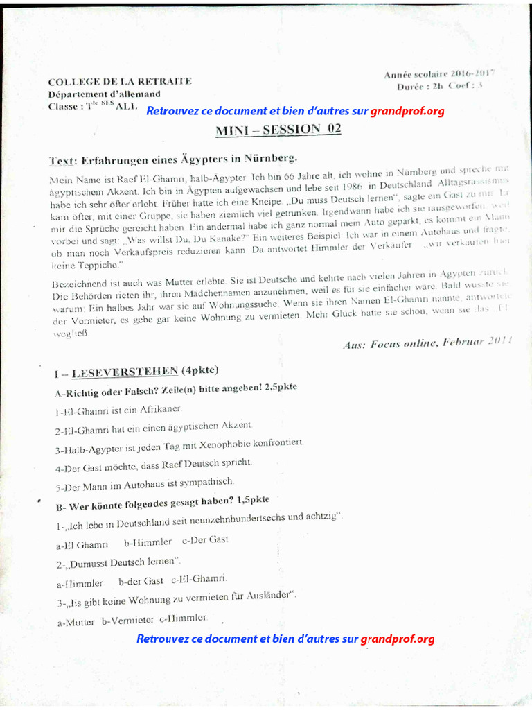 Allemand 4eme Seq TleA4 2016 2017 College La Retraite | PDF