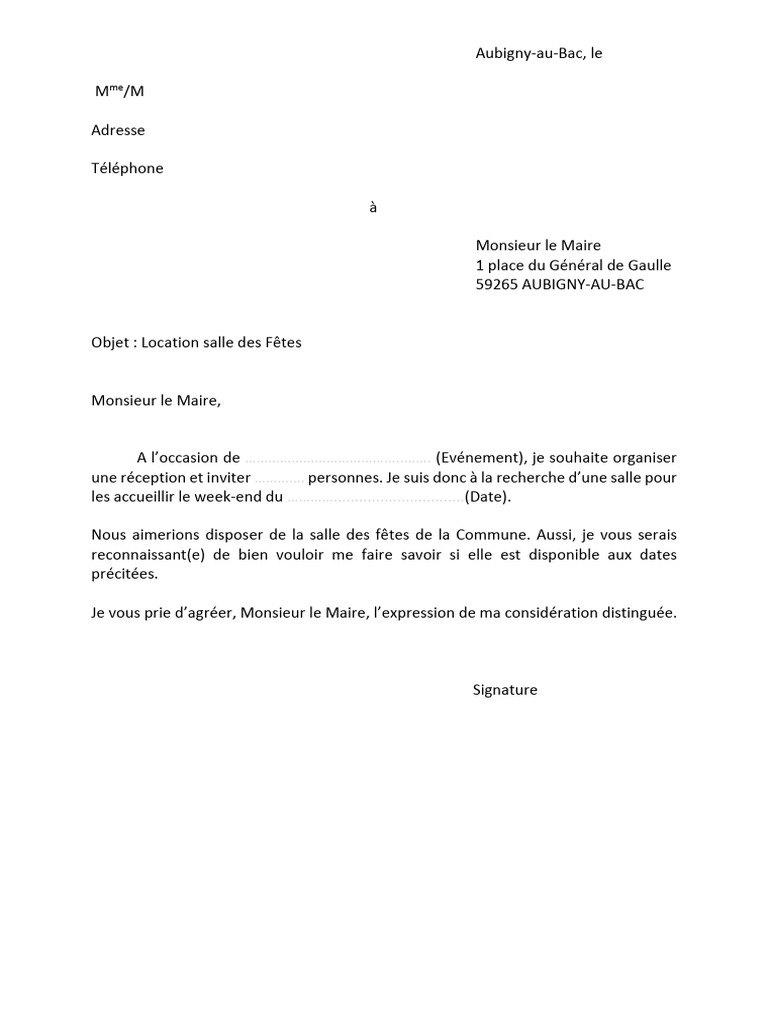 Modèle de Lettre de Demande de Location Salle Des - 240627 - 103244 | PDF