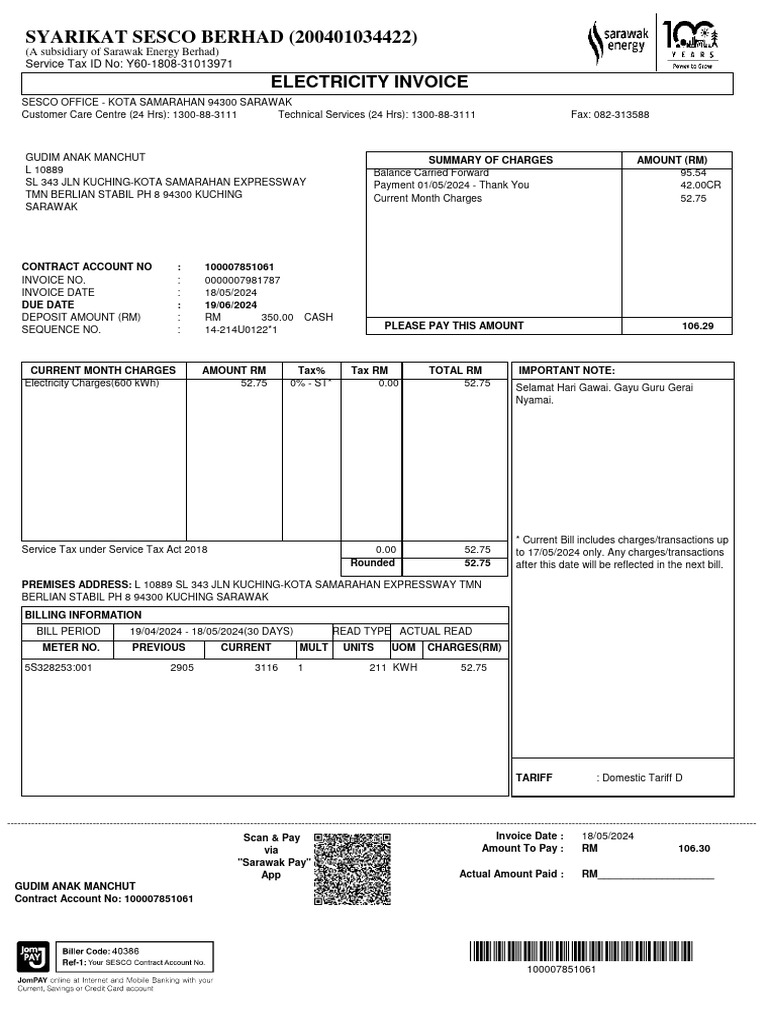 SYARIKAT SESCO BERHAD (200401034422) : Electricity Invoice | PDF ...